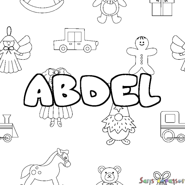 Coloriage prénom ABDEL - décor Jouets - Sans Dépasser