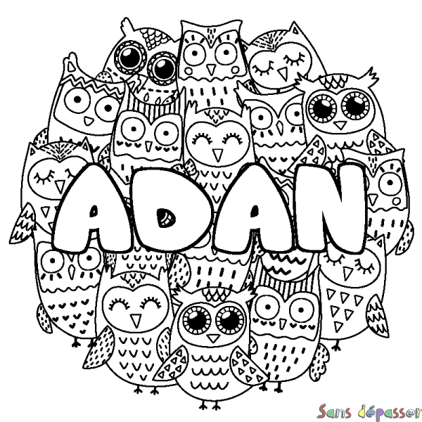 Coloriage prénom ADAN - décor Chouettes - Sans Dépasser