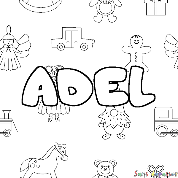 Coloriage prénom ADEL - décor Jouets - Sans Dépasser