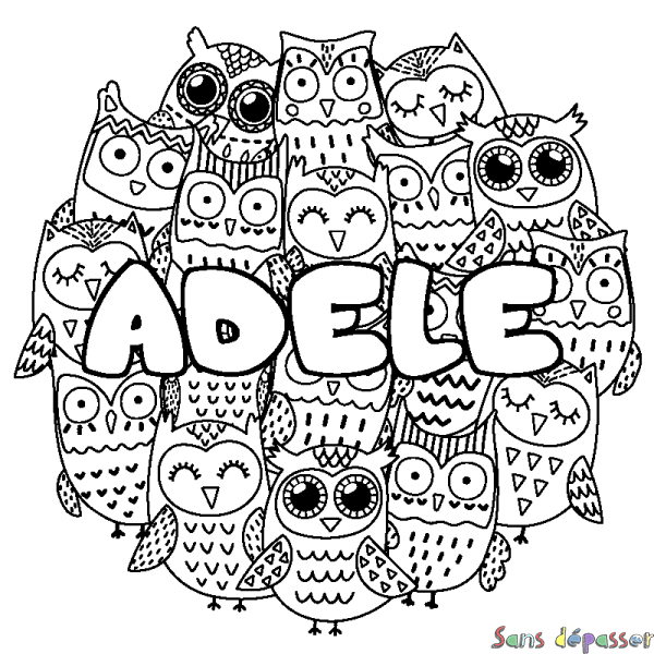 Coloriage prénom ADELE - décor Chouettes - Sans Dépasser