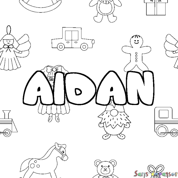 Coloriage prénom AIDAN - décor Jouets - Sans Dépasser