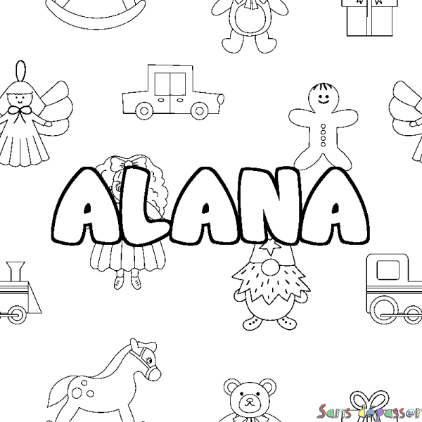 Coloriage prénom ALANA - décor Jouets - Sans Dépasser