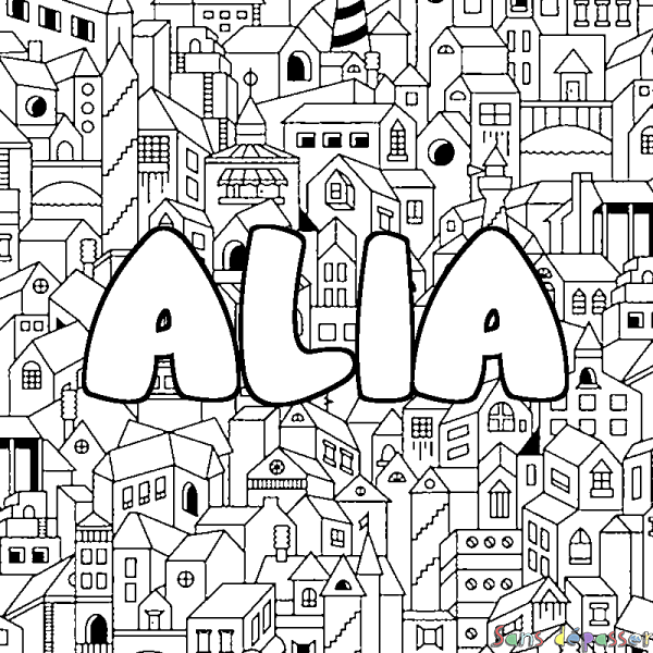 Coloriage prénom ALIA - décor Ville - Sans Dépasser