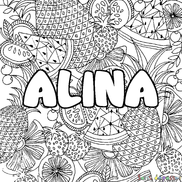 Coloriage prénom ALINA - décor Mandala fruits - Sans Dépasser