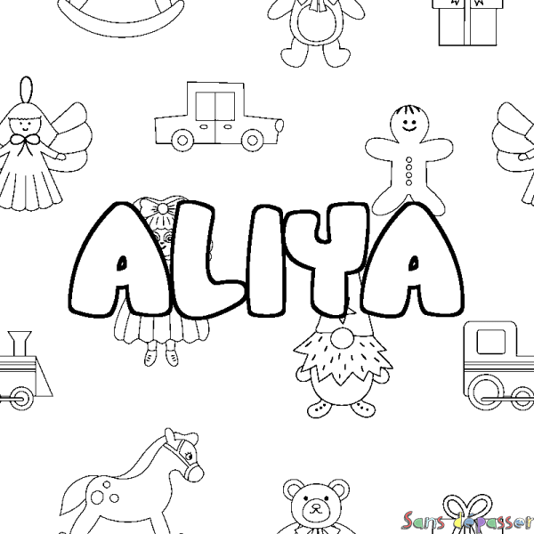 Coloriage prénom ALIYA - décor Jouets - Sans Dépasser