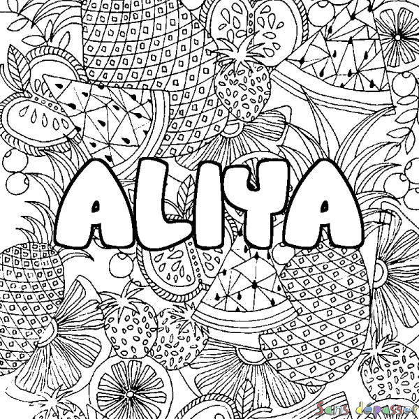 Coloriage prénom ALIYA - décor Mandala fruits - Sans Dépasser