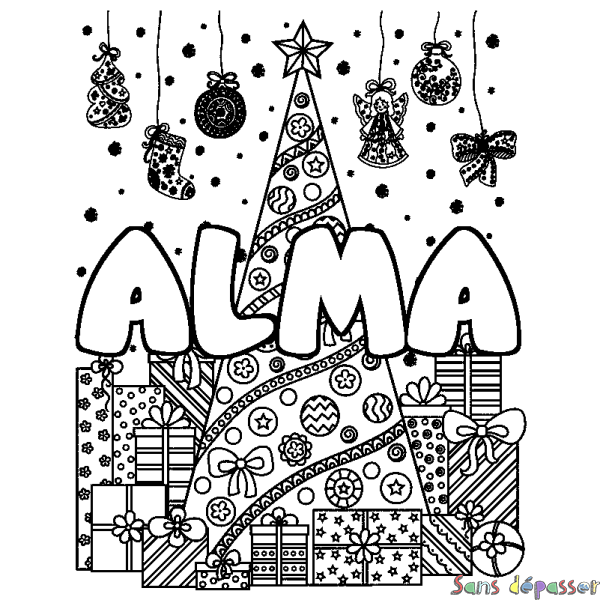 Coloriage prénom ALMA - décor Sapin et Cadeaux - Sans Dépasser