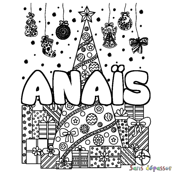 Coloriage prénom ANAÏS - décor Sapin et Cadeaux - Sans Dépasser