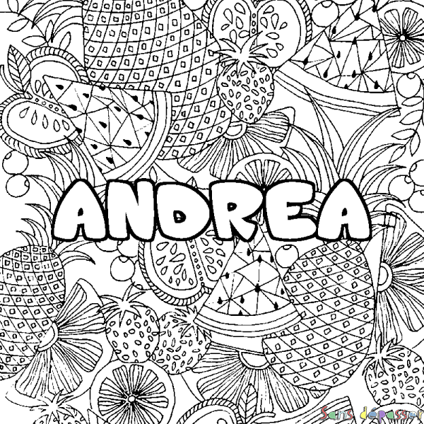 Coloriage prénom ANDREA - décor Mandala fruits - Sans Dépasser