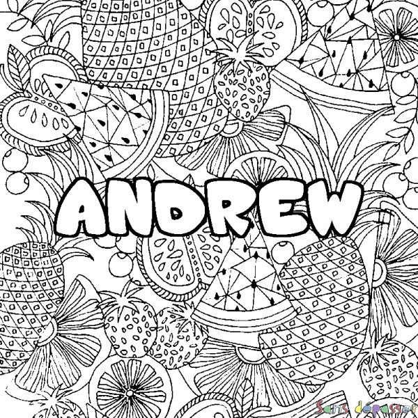 Coloriage prénom ANDREW - décor Mandala fruits - Sans Dépasser