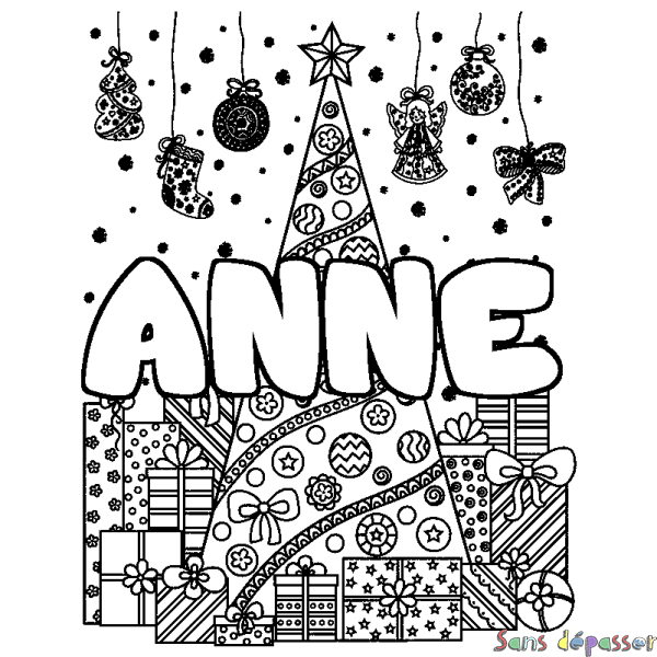 Coloriage prénom ANNE - décor Sapin et Cadeaux - Sans Dépasser