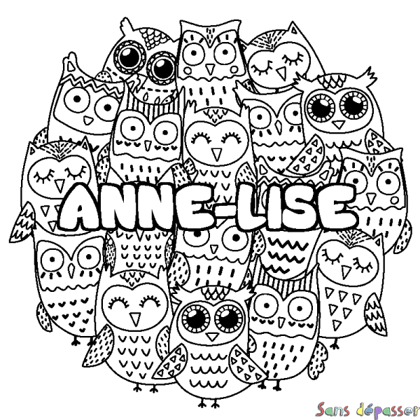 Coloriage prénom ANNE-LISE - décor Chouettes - Sans Dépasser