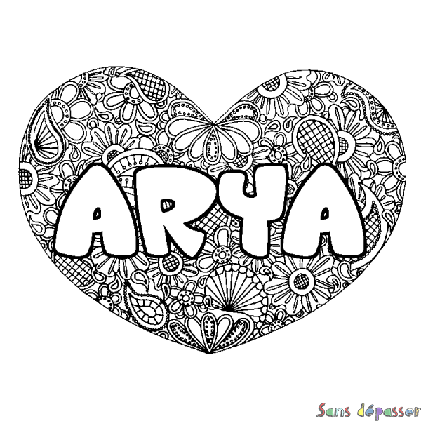 Coloriage prénom ARYA - décor Mandala coeur - Sans Dépasser