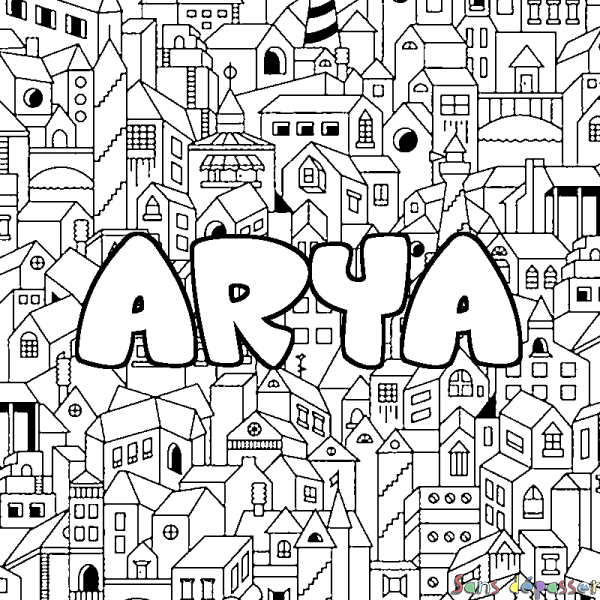 Coloriage prénom ARYA - décor Ville - Sans Dépasser