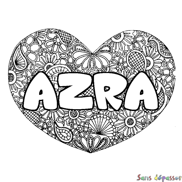 Coloriage prénom AZRA - décor Mandala coeur - Sans Dépasser