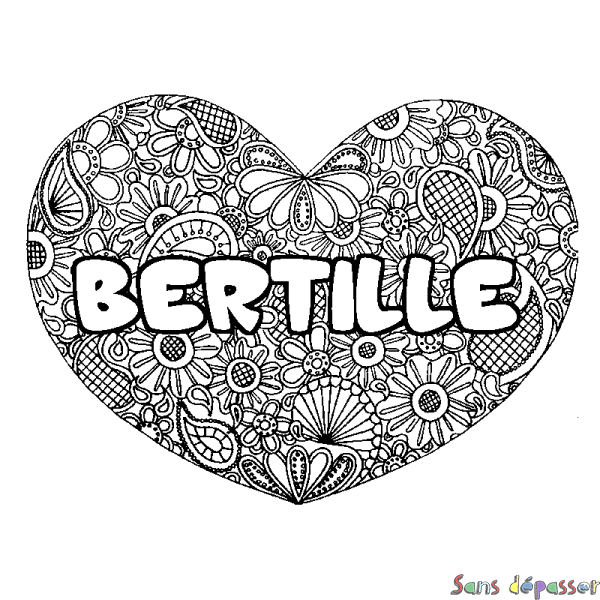 Coloriage prénom BERTILLE - décor Mandala coeur - Sans Dépasser