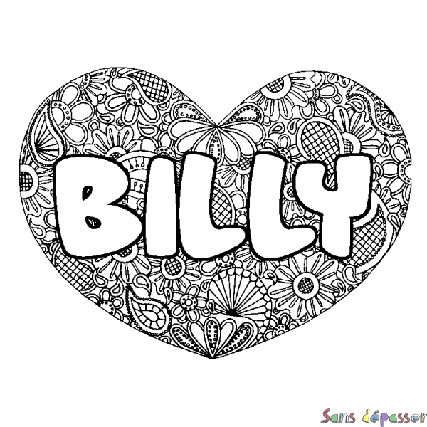 Coloriage prénom BILLY - décor Mandala coeur - Sans Dépasser