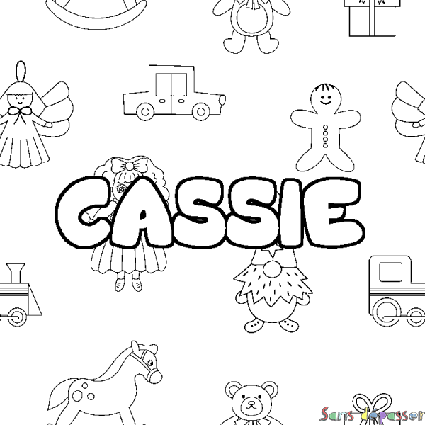 Coloriage prénom CASSIE - décor Jouets - Sans Dépasser