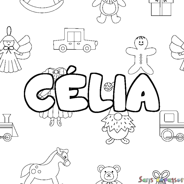 Coloriage prénom CÉLIA - décor Jouets - Sans Dépasser