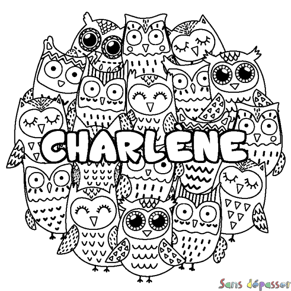 Coloriage prénom CHARLÈNE - décor Chouettes - Sans Dépasser