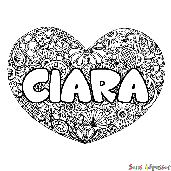 Coloriage prénom CIARA - décor Mandala coeur - Sans Dépasser