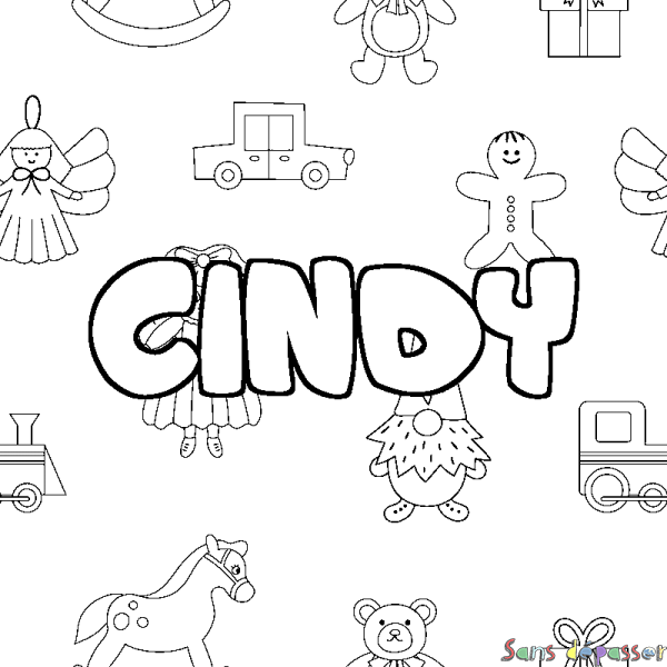 Coloriage prénom CINDY - décor Jouets - Sans Dépasser