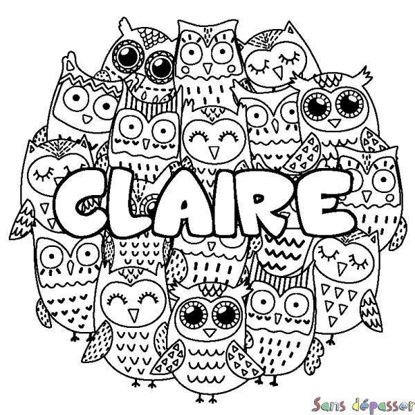 Coloriage prénom CLAIRE - décor Chouettes - Sans Dépasser