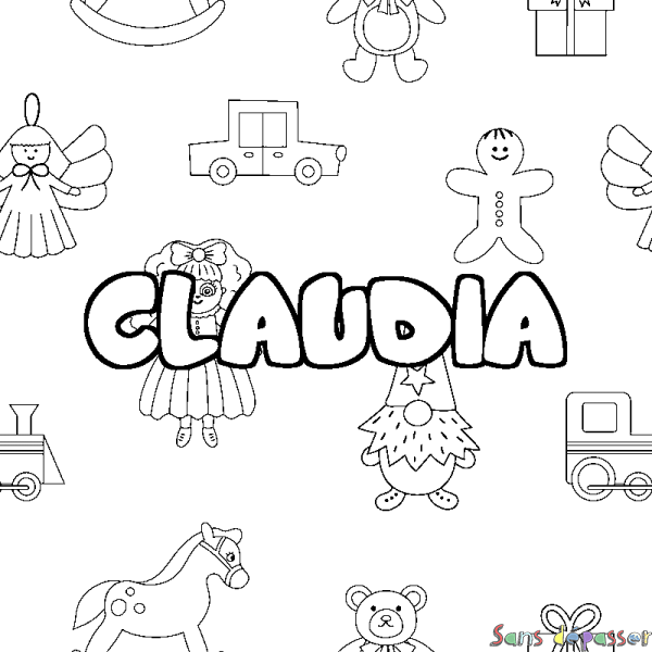Coloriage prénom CLAUDIA - décor Jouets - Sans Dépasser