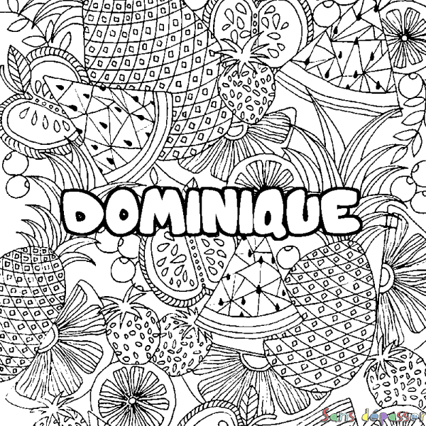 Coloriage prénom DOMINIQUE - décor Mandala fruits - Sans Dépasser
