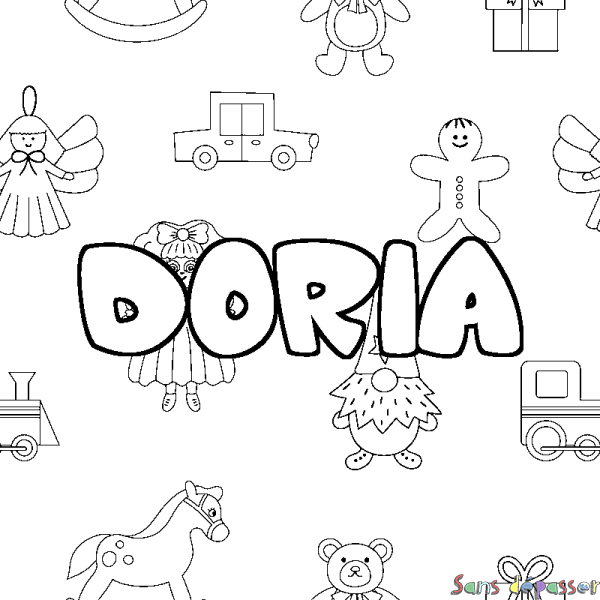 Coloriage prénom DORIA - décor Jouets - Sans Dépasser