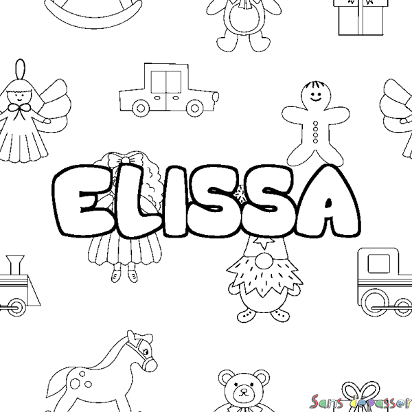 Coloriage prénom ELISSA - décor Jouets - Sans Dépasser