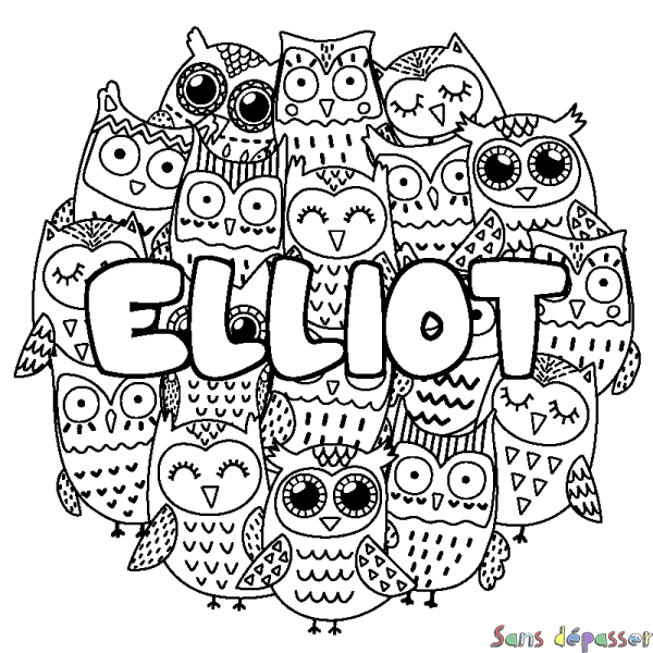 Coloriage prénom ELLIOT - décor Chouettes - Sans Dépasser