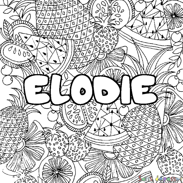 Coloriage prénom ELODIE - décor Mandala fruits - Sans Dépasser