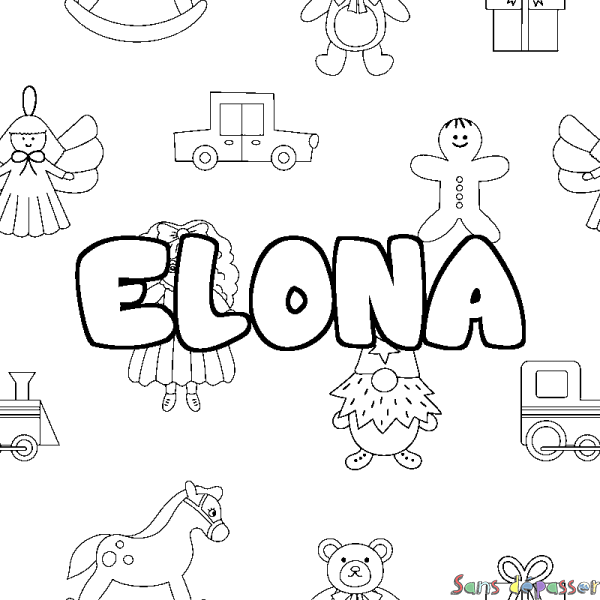 Coloriage prénom ELONA - décor Jouets - Sans Dépasser