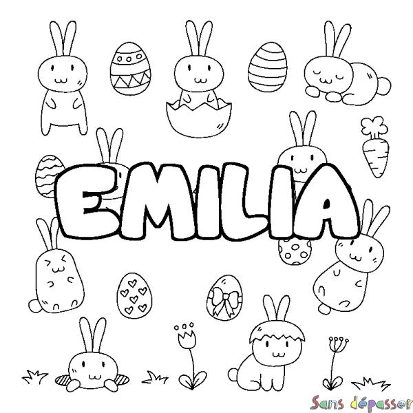 Coloriage prénom EMILIA - décor Paques - Sans Dépasser