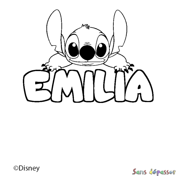 Coloriage prénom EMILIA - décor Stitch - Sans Dépasser