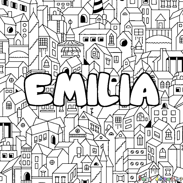 Coloriage prénom EMILIA - décor Ville - Sans Dépasser