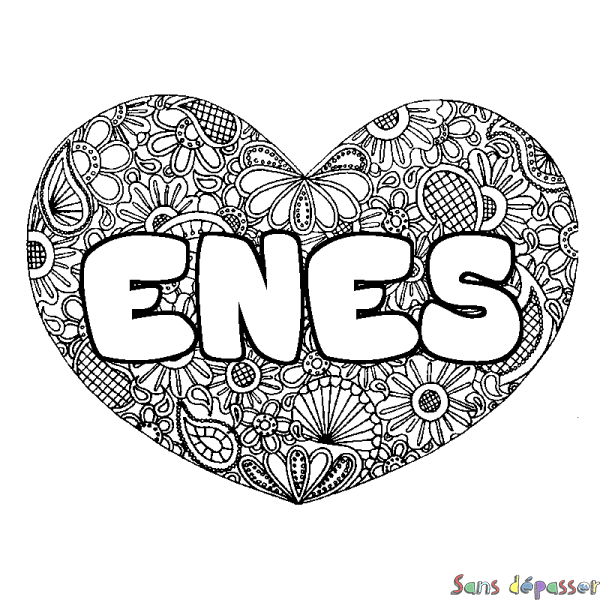 Coloriage prénom ENES - décor Mandala coeur - Sans Dépasser