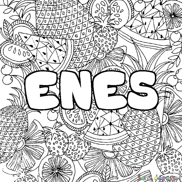 Coloriage prénom ENES - décor Mandala fruits - Sans Dépasser