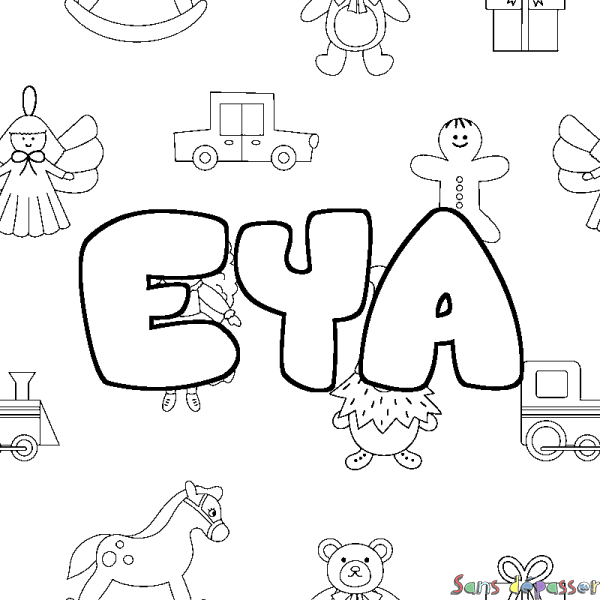 Coloriage prénom EYA - décor Jouets - Sans Dépasser
