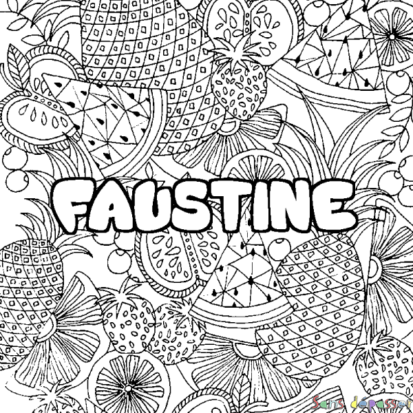 Coloriage prénom FAUSTINE - décor Mandala fruits - Sans Dépasser