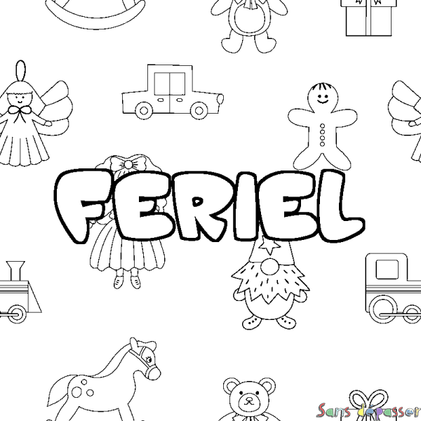 Coloriage prénom FERIEL - décor Jouets - Sans Dépasser