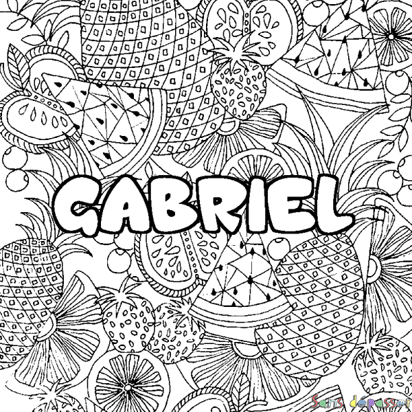 Coloriage prénom GABRIEL - décor Mandala fruits - Sans Dépasser