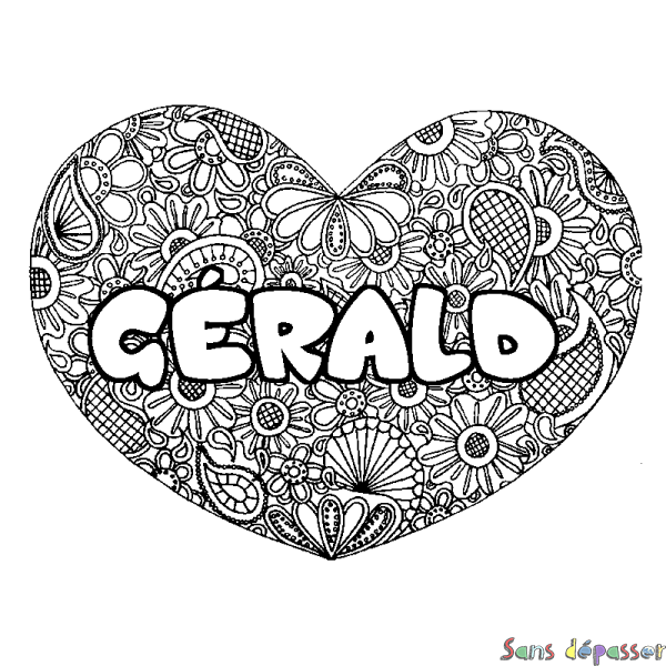 Coloriage prénom GÉRALD - décor Mandala coeur - Sans Dépasser
