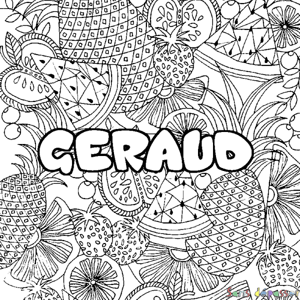 Coloriage prénom GERAUD - décor Mandala fruits - Sans Dépasser