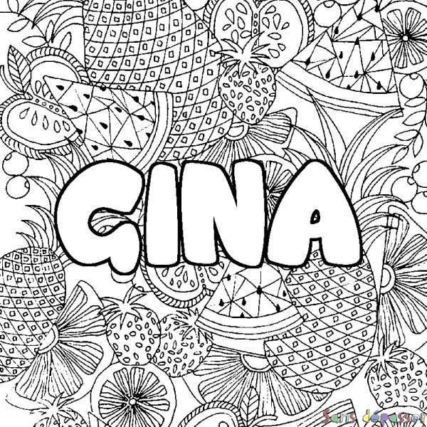 Coloriage prénom GINA - décor Mandala fruits - Sans Dépasser