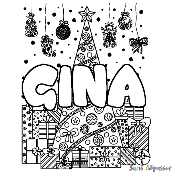 Coloriage prénom GINA - décor Sapin et Cadeaux - Sans Dépasser