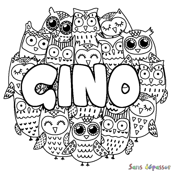 Coloriage prénom GINO - décor Chouettes - Sans Dépasser