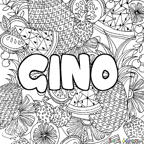 Coloriage prénom GINO - décor Mandala fruits - Sans Dépasser