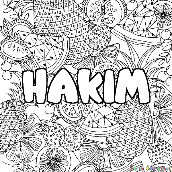 Coloriage prénom HAKIM - décor Mandala fruits - Sans Dépasser